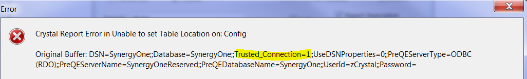 Crystal Report Error in Unable to set Table Location on: Config