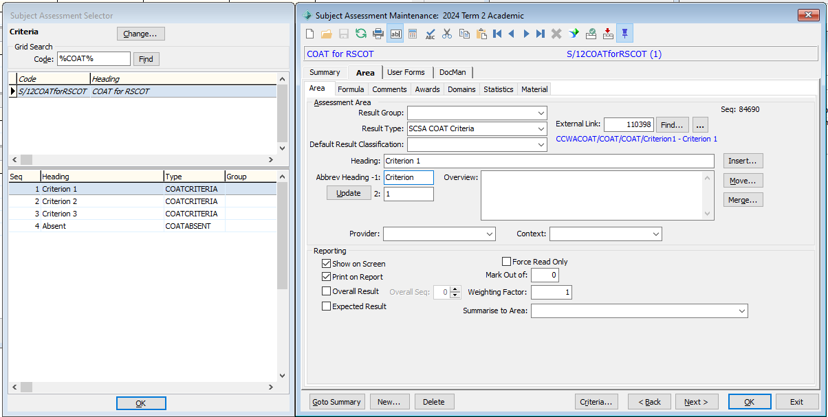 SCSA RSCOT Marks collection changes